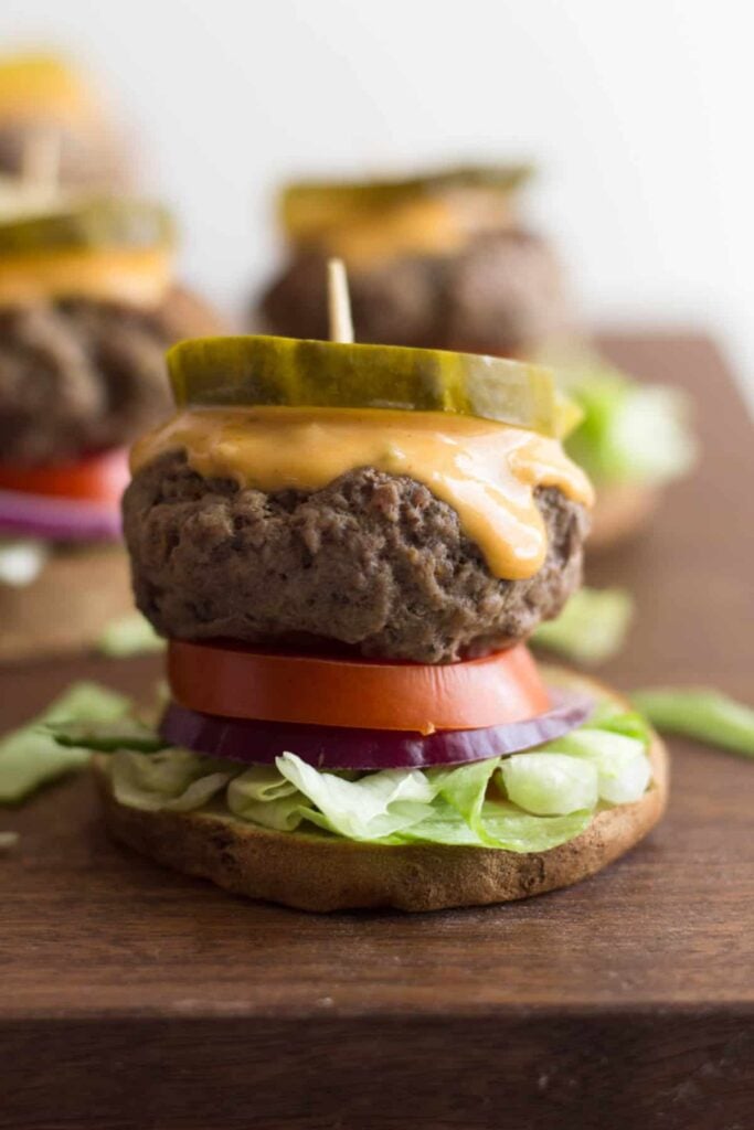 Classic Burger Sliders on Sweet Potato Buns - Eat the Gains
