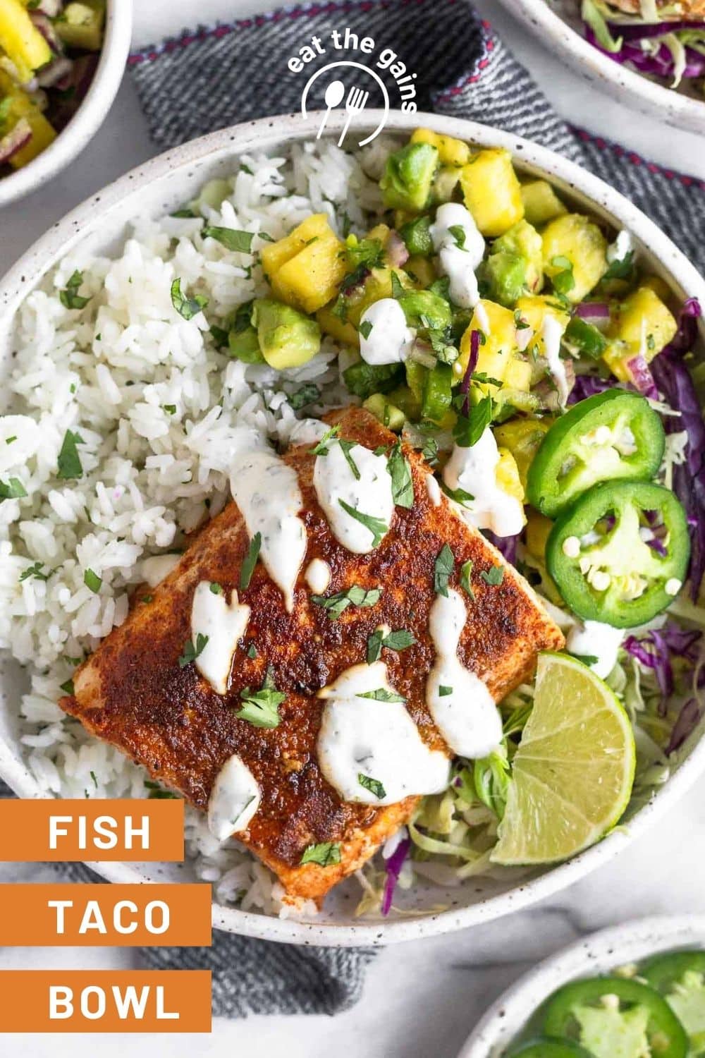 Healthy Fish Taco Bowl w/ Cilantro Rice & Pineapple Salsa - Eat the Gains