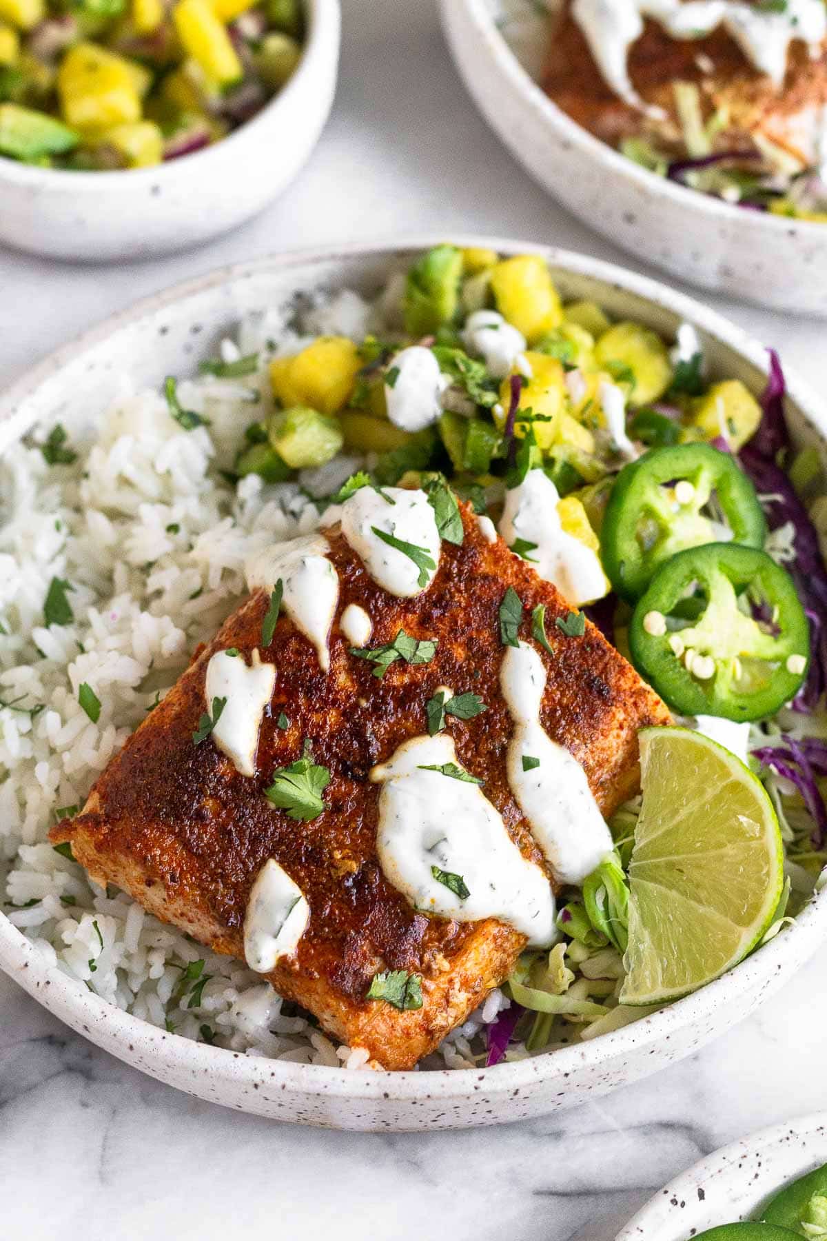 Healthy Fish Taco Bowl w/ Cilantro Rice & Pineapple Salsa - Eat the Gains