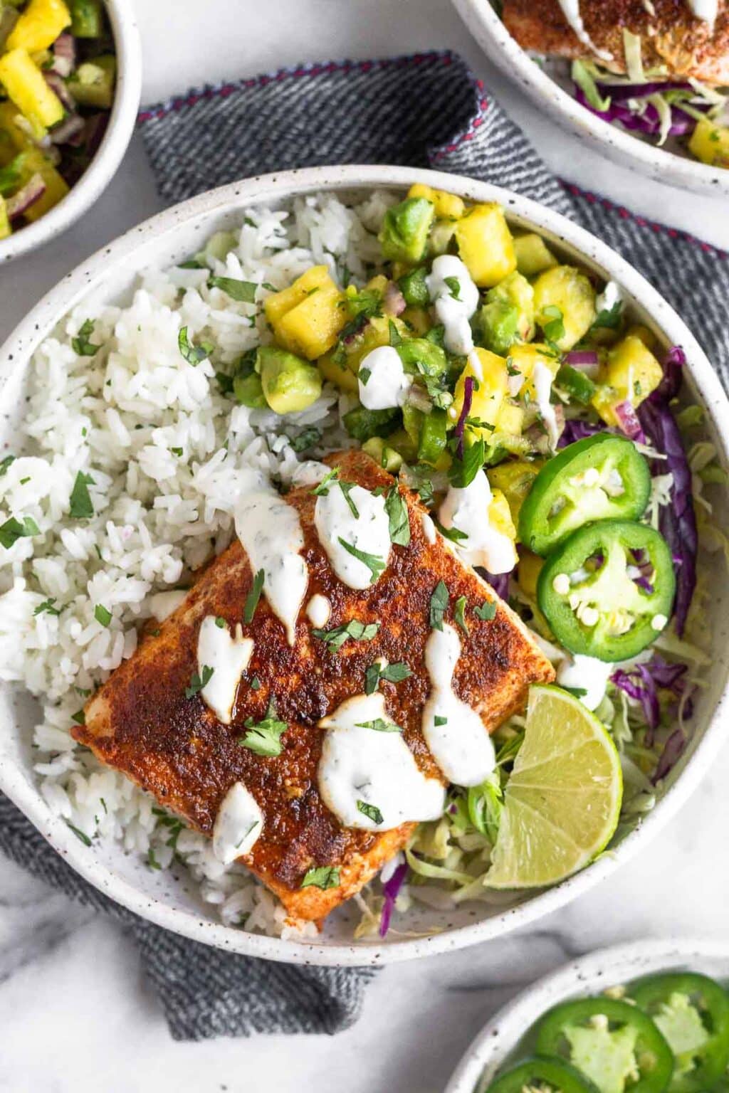 Healthy Fish Taco Bowl w/ Cilantro Rice & Pineapple Salsa - Eat the Gains