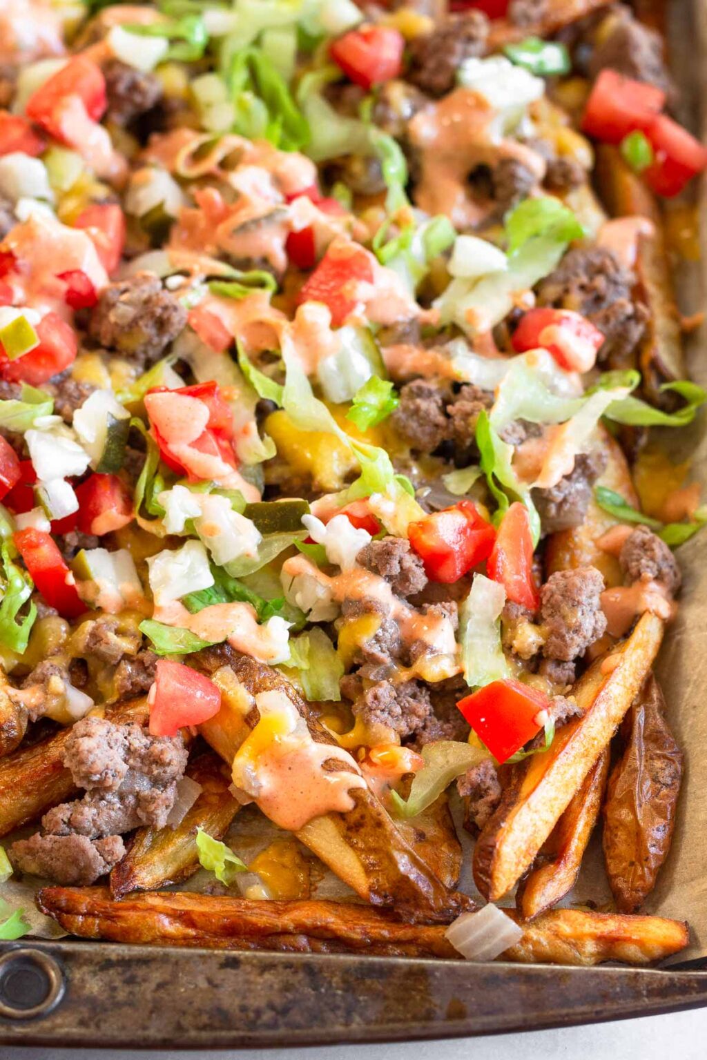 Delicious Cheeseburger Fries w/ Special Sauce Dressing - Eat the Gains